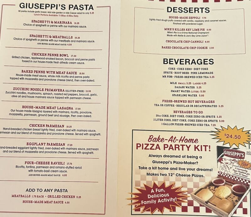 Giuseppis Pizza Menu delivered by Express Restaurant Delivery HHI